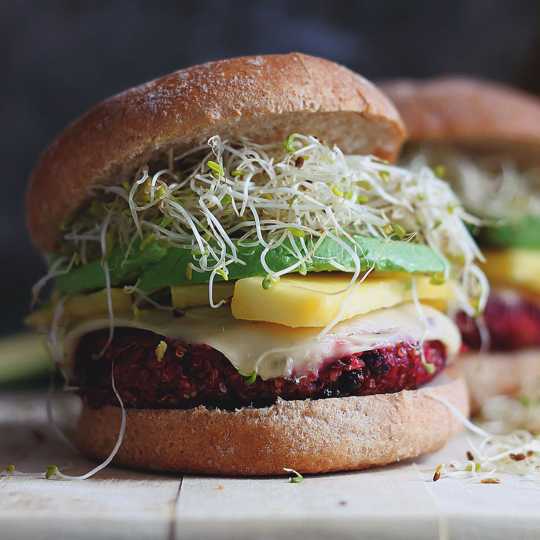 Sweet & Spicy Quinoa Beet Burgers with Mango & Sprouts - Ambitious Kitchen