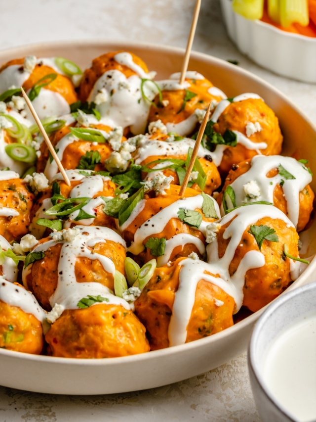 Buffalo Chicken Meatballs with Bleu Cheese Sauce - Ambitious Kitchen
