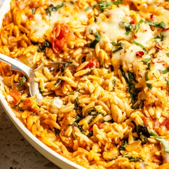 One Pan Tomato Basil Baked Orzo (packed with fiber & protein)